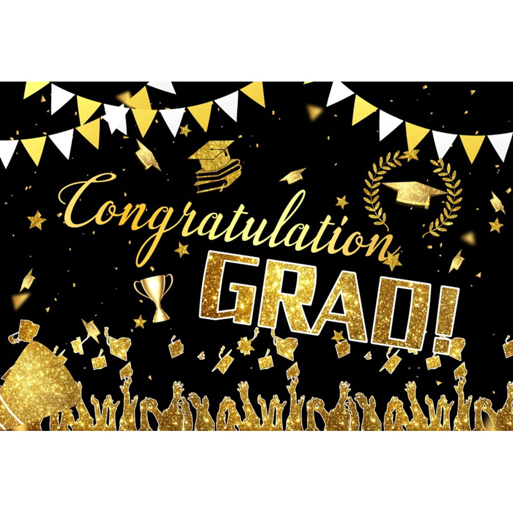 Congrats Grad Photography Backdrop Gold Glitter Balloon Bachelor Cap ...
