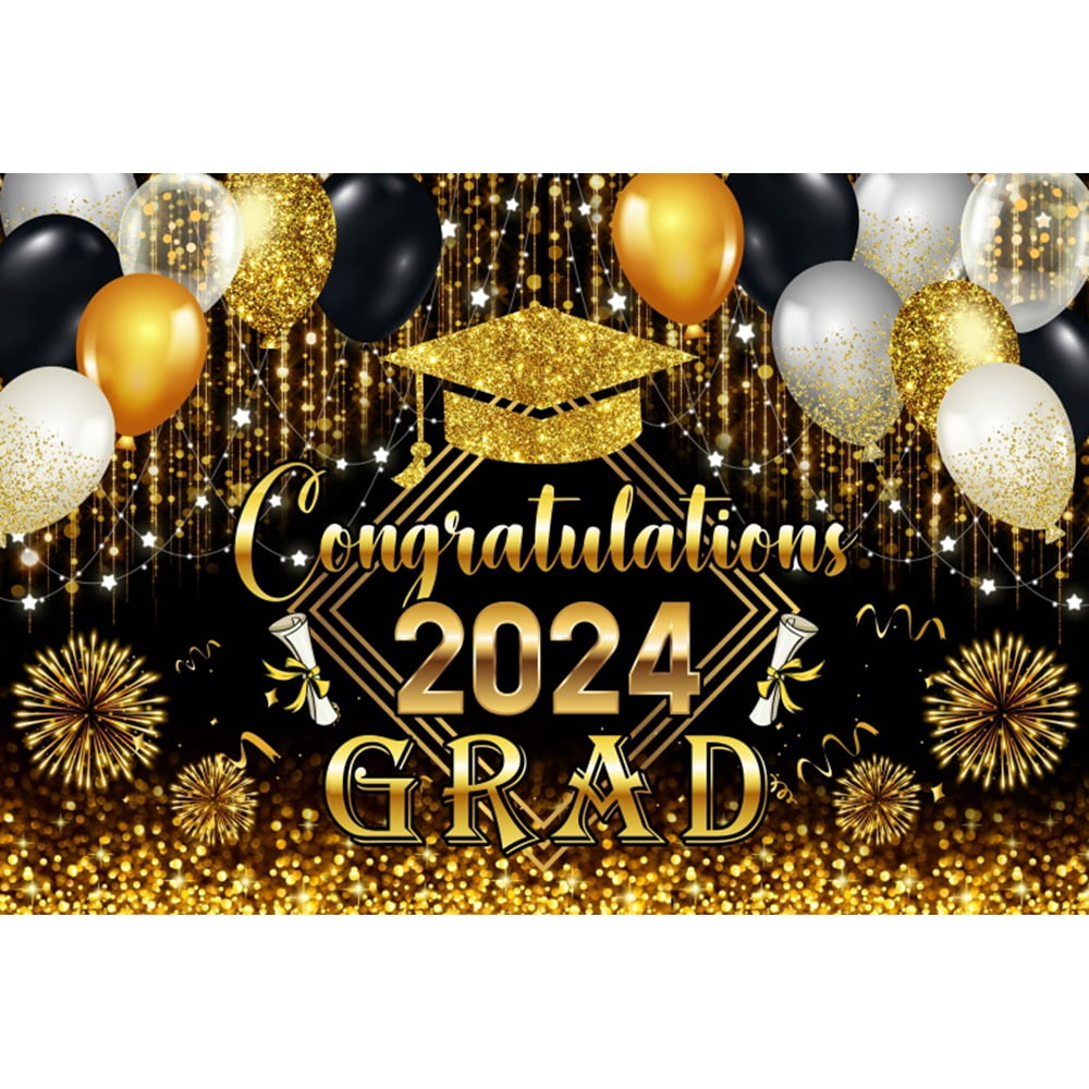 Congrats Grad Photography Backdrop Gold Glitter Balloon Bachelor Cap ...
