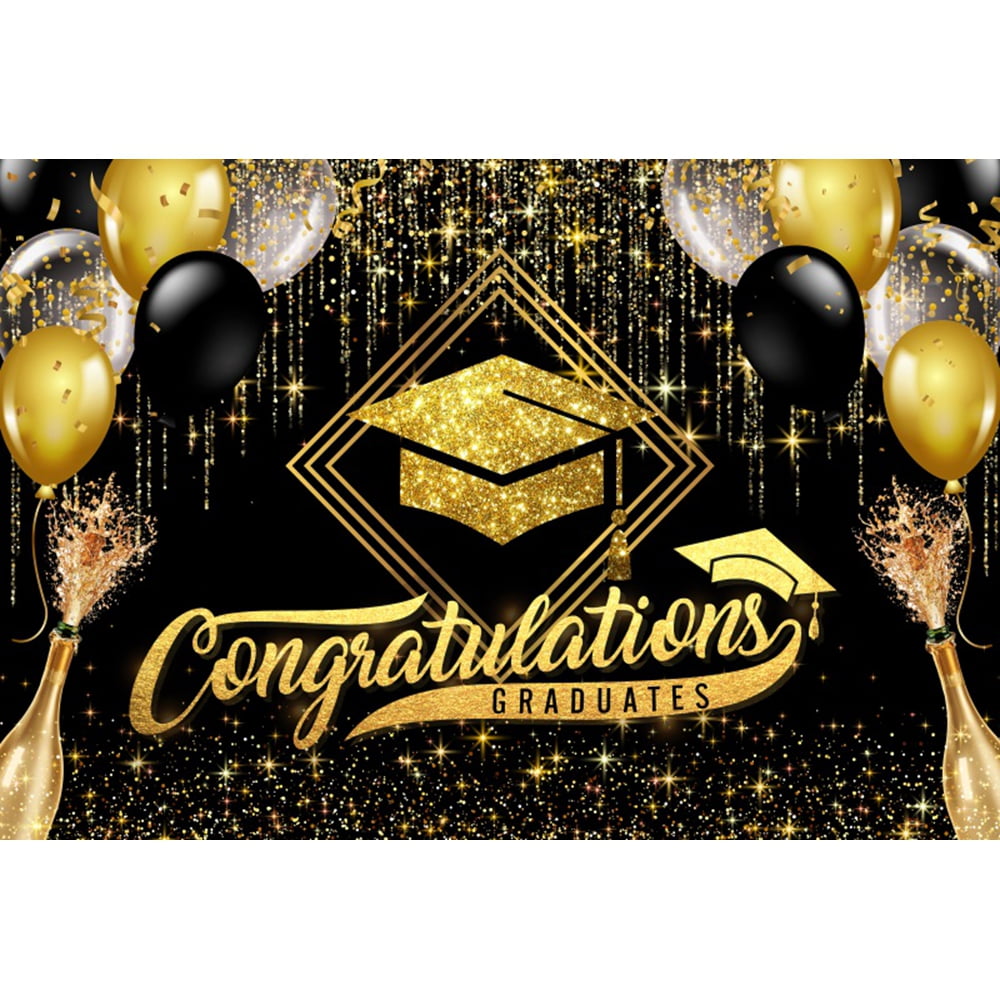 Congrats Grad Photography Backdrop Gold Glitter Balloon Bachelor Cap ...