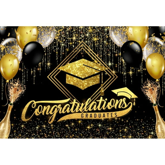 Congrats Grad Photography Backdrop Gold Glitter Balloon Bachelor Cap ...