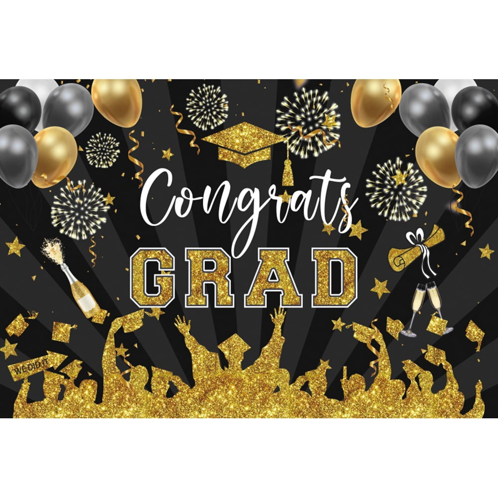 Congrats Grad Photography Backdrop Gold Glitter Balloon Bachelor Cap ...