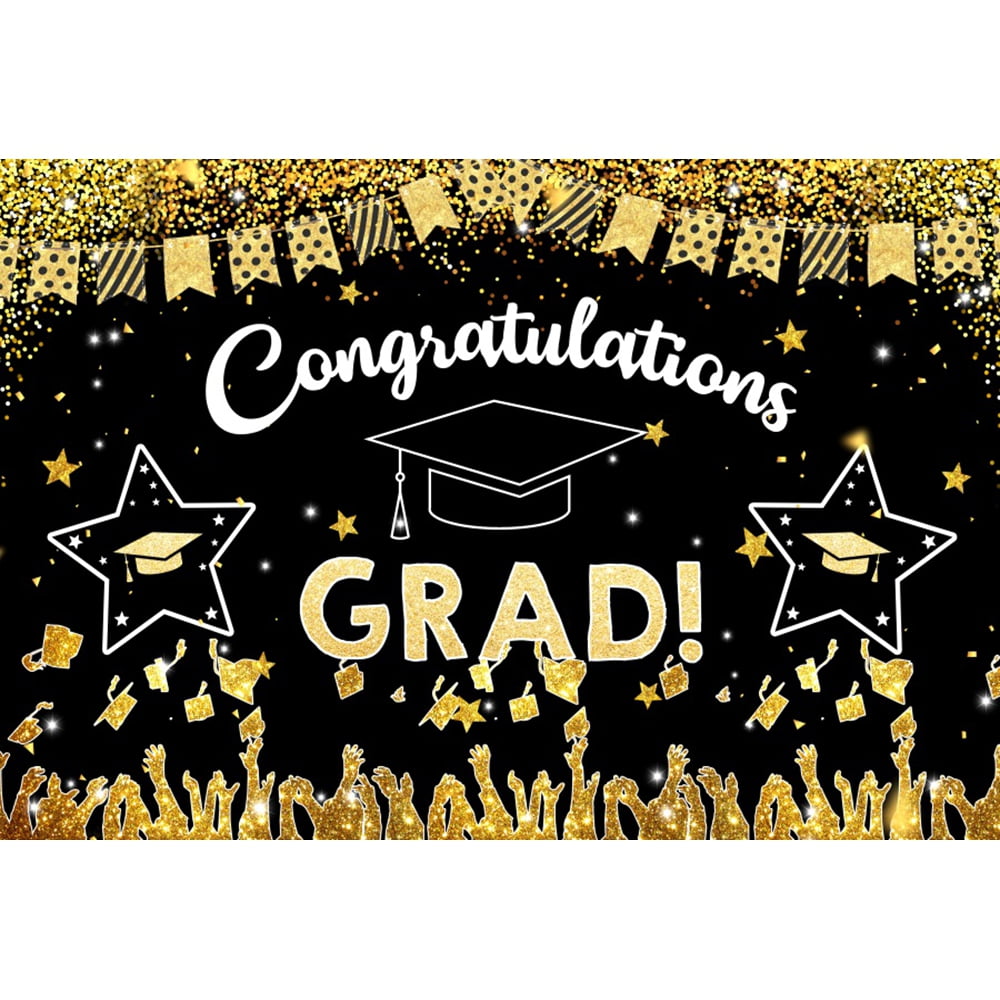 Congrats Grad Photography Backdrop Gold Glitter Balloon Bachelor Cap ...