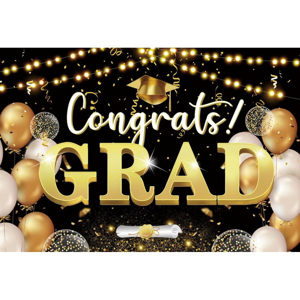 Congrats Grad Photography Backdrop Gold Glitter Balloon Bachelor Cap ...