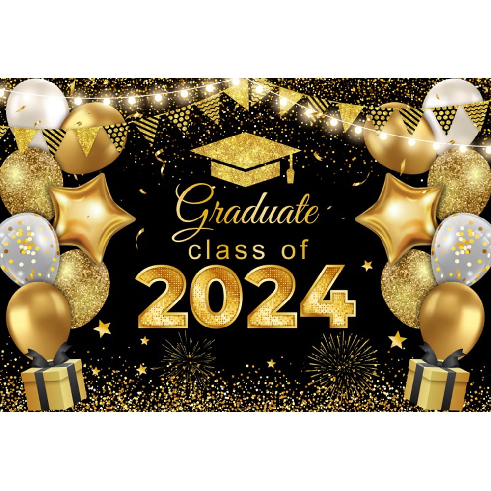 Congrats Grad Photography Backdrop Gold Glitter Balloon Bachelor Cap ...