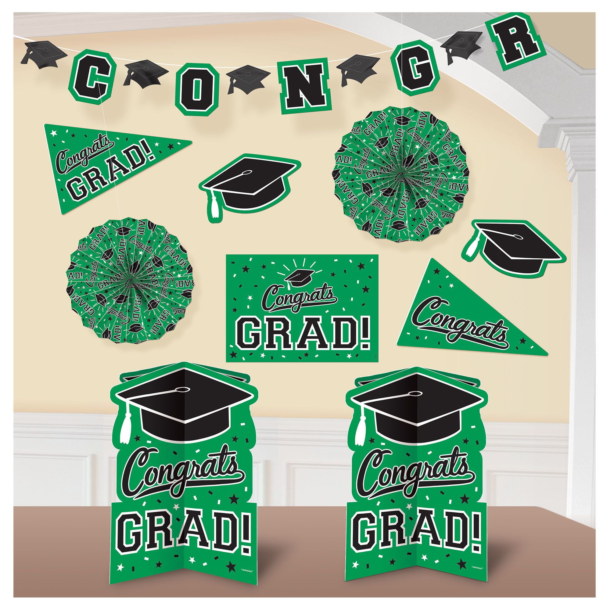 Graduation ROOM DECORATING KIT GREEN Party Decoration Grad Wall Banner ...