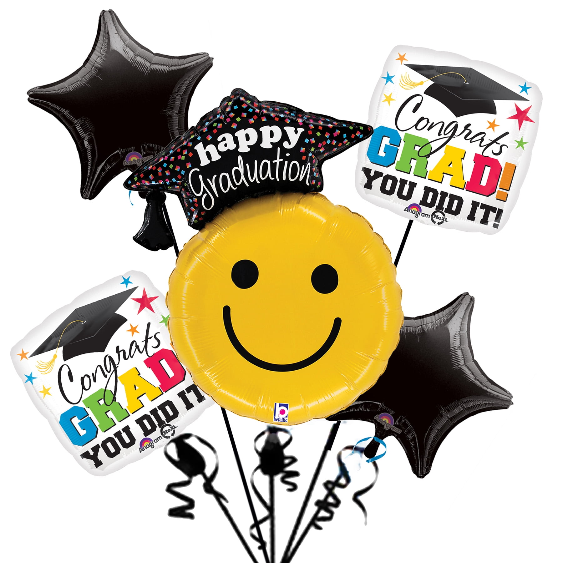 Congrats Grad Smile Face Emoticon Bouquet 5pc Graduation Balloons ...