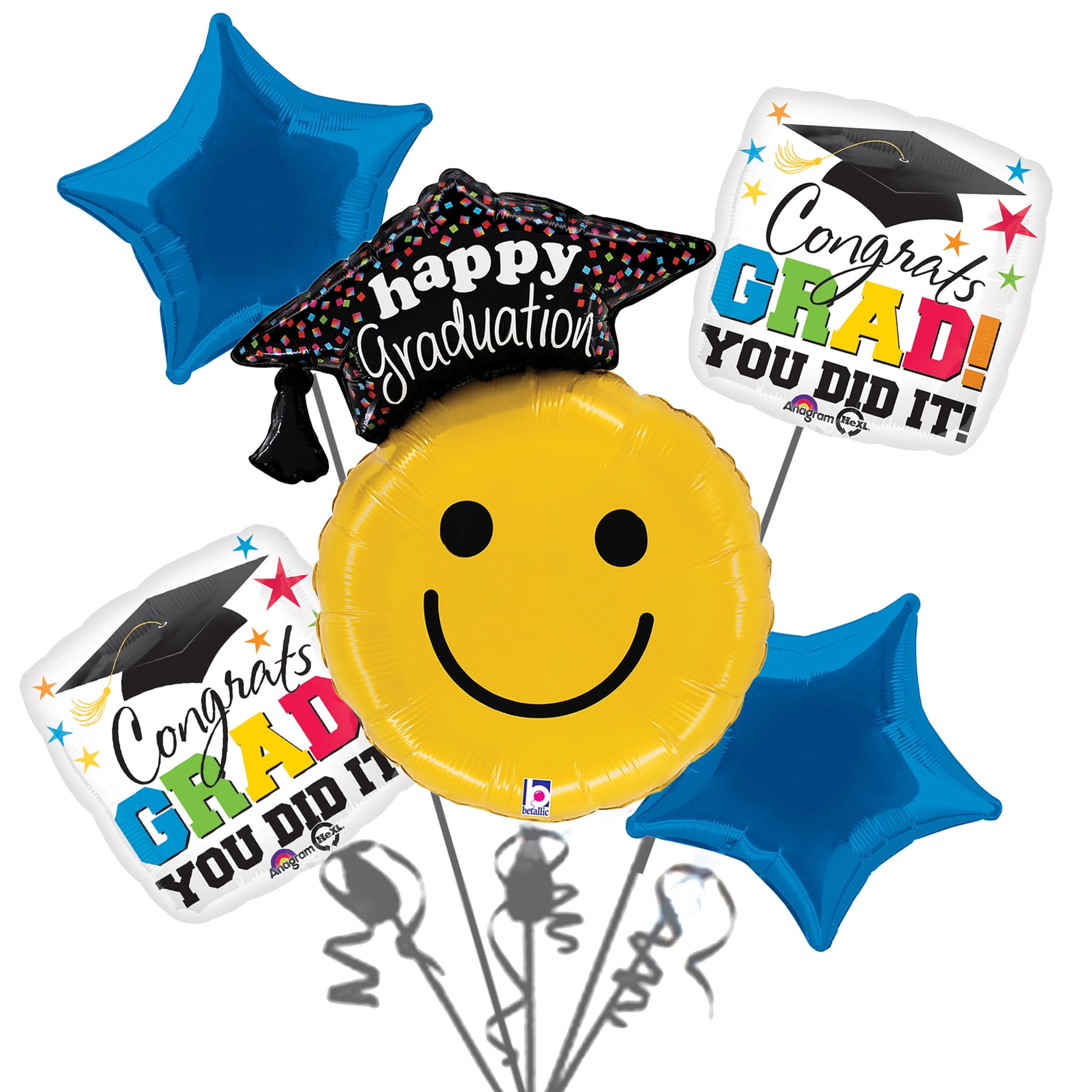 Congrats Grad Smile Face Emoticon Bouquet 5pc Graduation Balloons, Blue ...