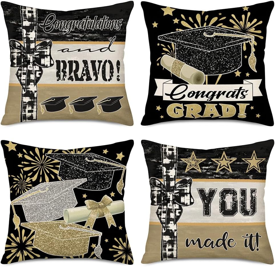 Congrats Grad Stripes Throw Pillow Covers 18x18 Inch, Black and Gold ...