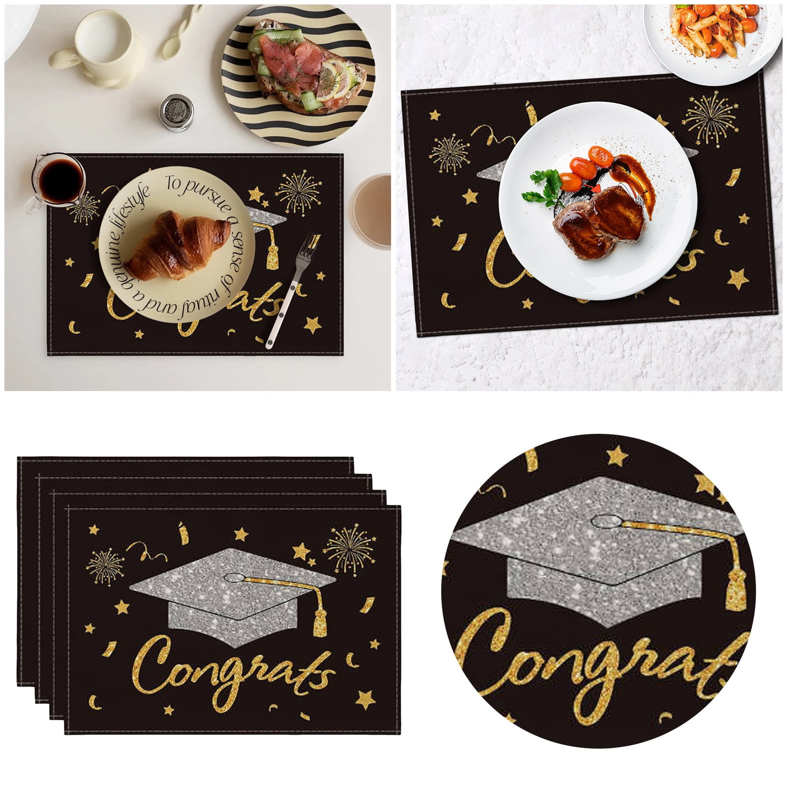 Congrats Grad Table Placemats 4Pcs Black & Gold Graduation Placemats ...