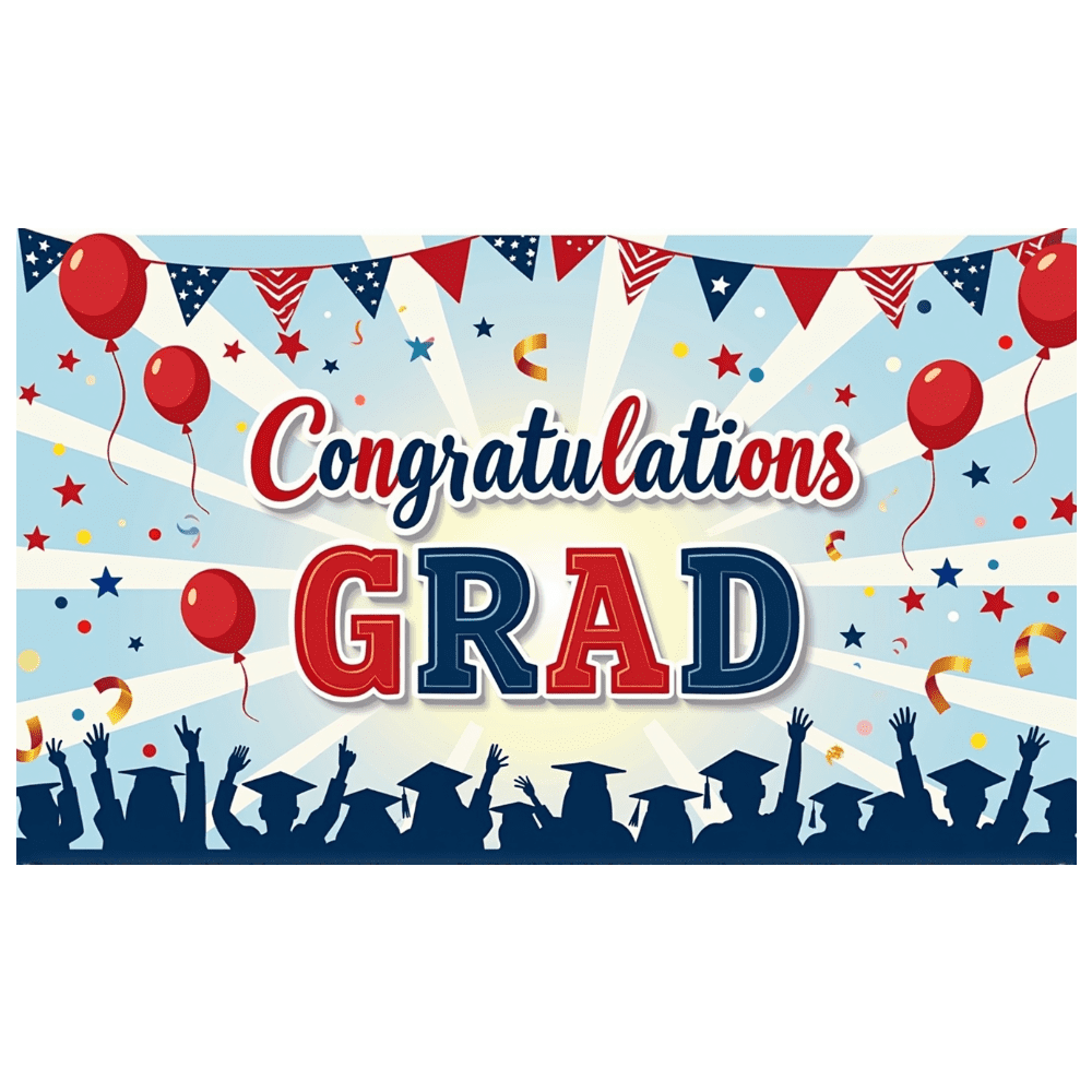 Congrats Grad Themed Banner with Stars Balloons and Grad Silhouettes ...