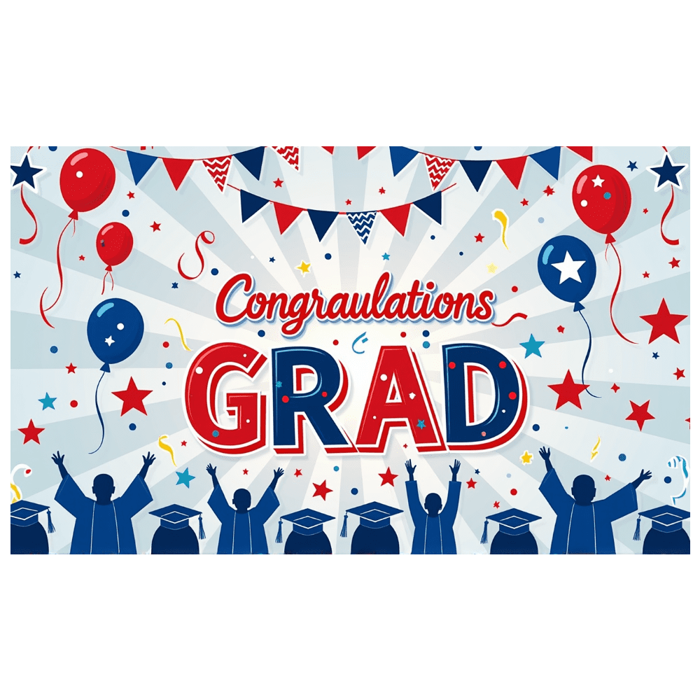 Congrats Grad Themed Banner with Stars Balloons and Grad Silhouettes ...