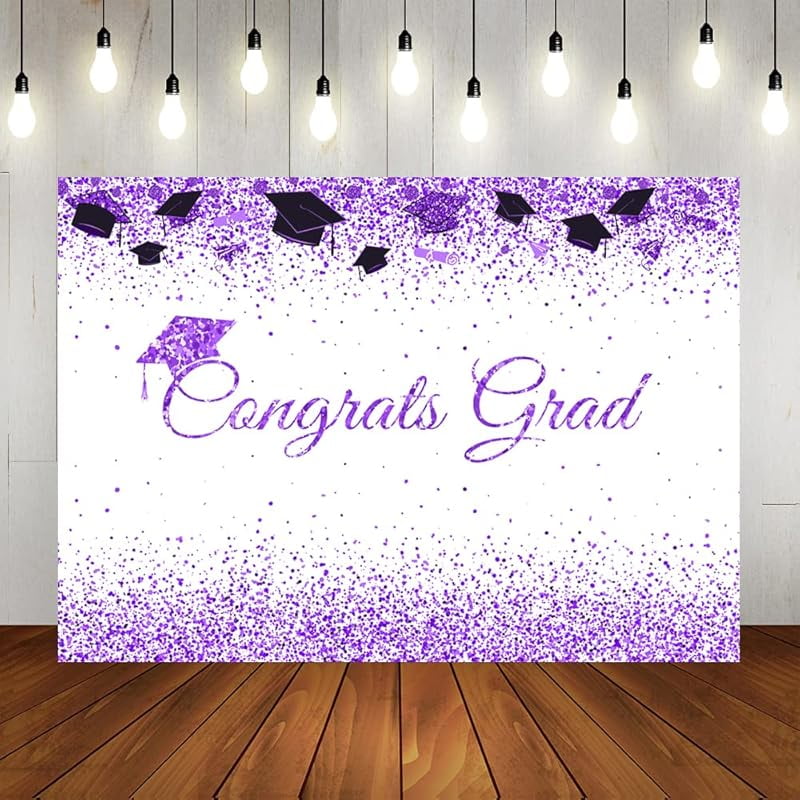Congrats Grad White and Purple Glitter Backdrop Congratulate ...