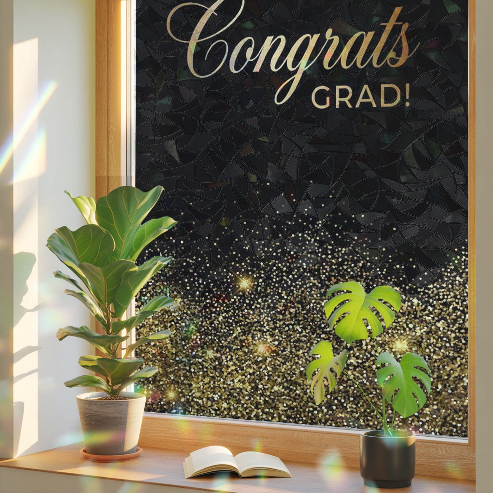 Congrats Grad Window Privacy Film Rainbow Static Cling Stain Glass ...