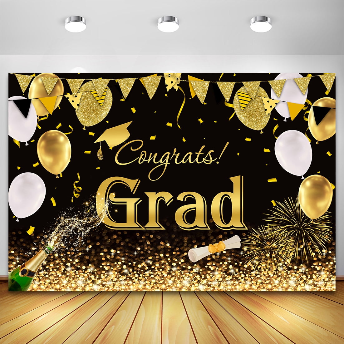 Congrats Graduation Photo Backdrop Black Gold Glitter Balloon Congrats ...