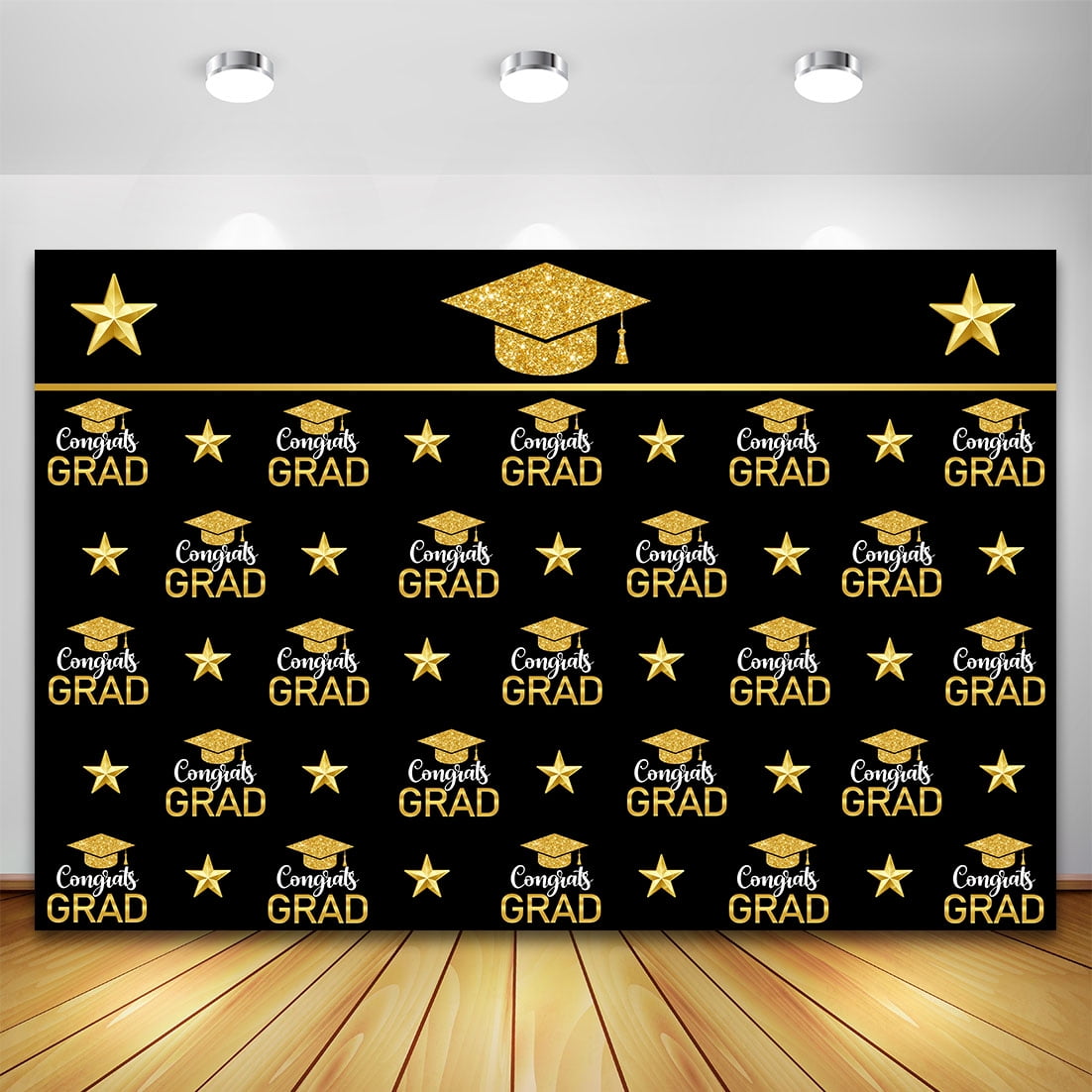 Congrats Graduation Photo Backdrop Black Gold Glitter Balloon Congrats ...
