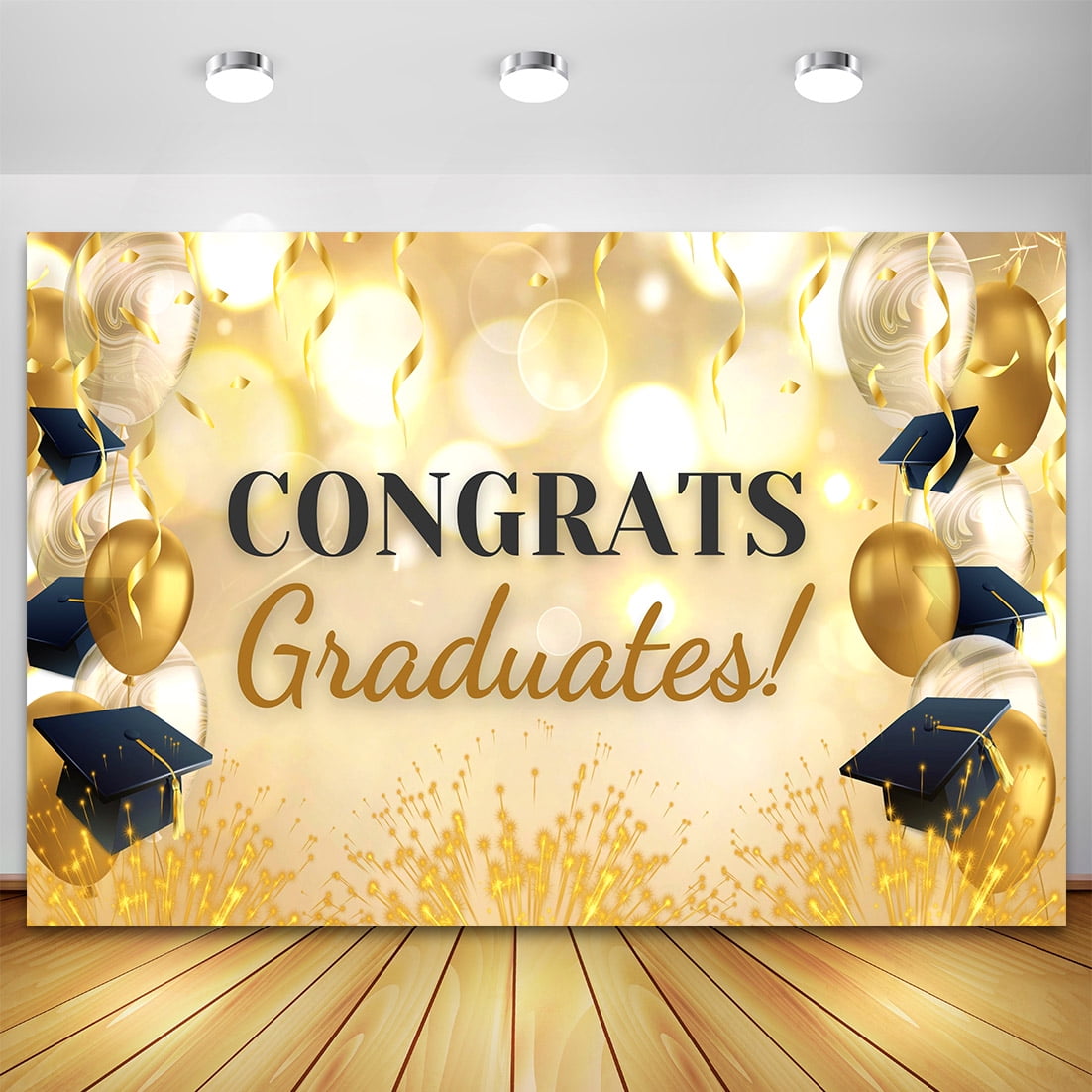 Congrats Graduation Photo Backdrop Black Gold Glitter Balloon Congrats ...