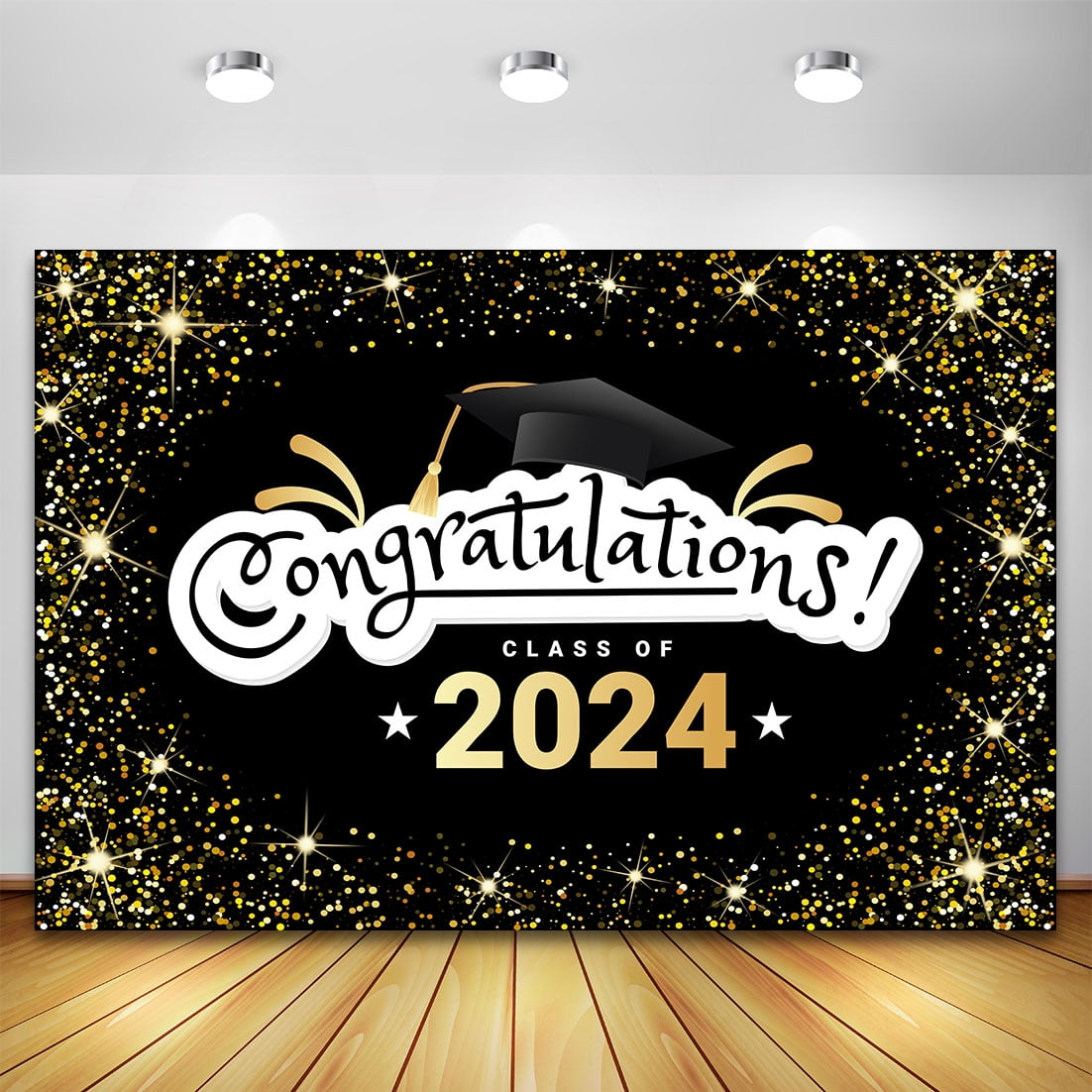 Congrats Graduation Photo Backdrop Black Gold Glitter Balloon Congrats ...
