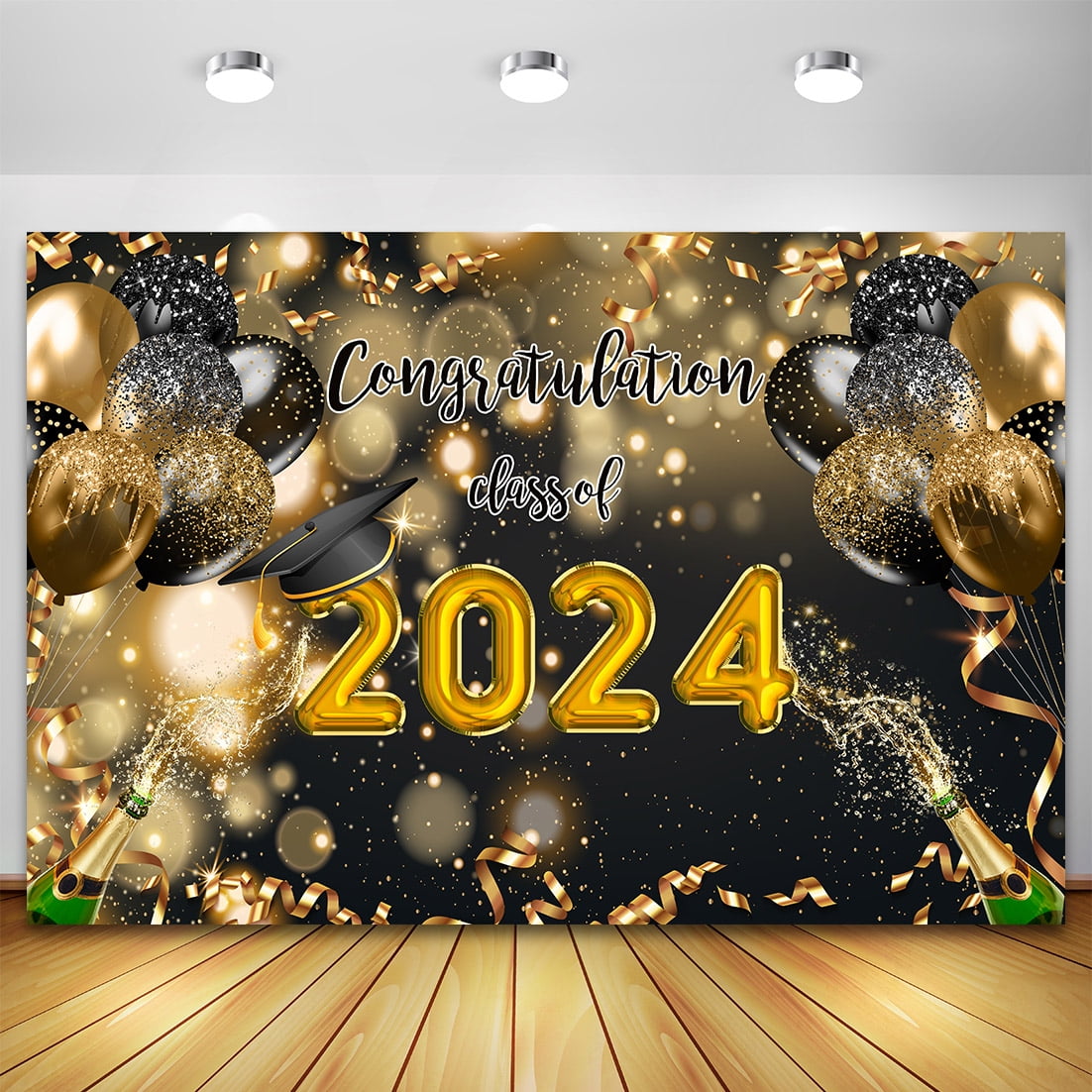 Congrats Graduation Photo Backdrop Black Gold Glitter Balloon Congrats ...