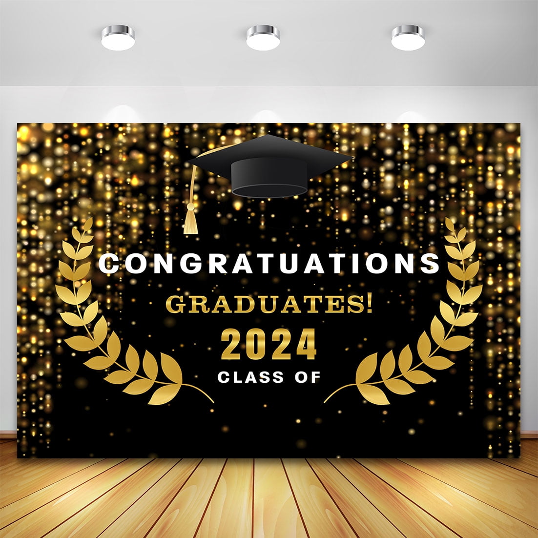Congrats Graduation Photo Backdrop Black Gold Glitter Balloon Congrats ...
