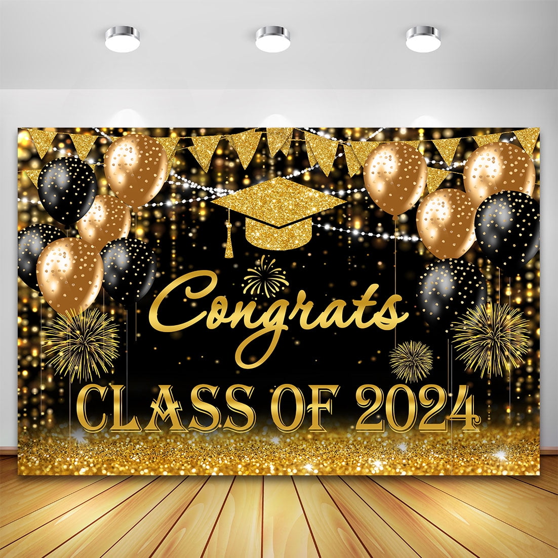 Congrats Graduation Photo Backdrop Black Gold Glitter Balloon Congrats ...