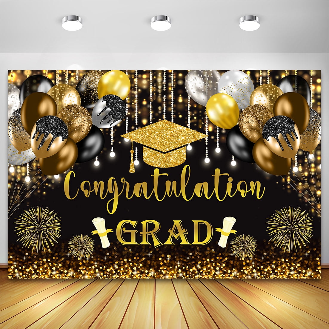 Congrats Graduation Photo Backdrop Black Gold Glitter Balloon Congrats ...