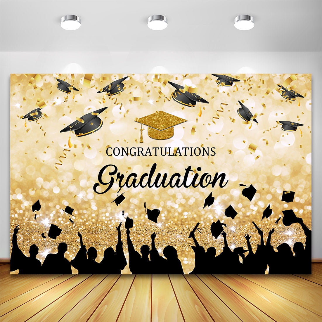 Congrats Graduation Photo Backdrop Black Gold Glitter Balloon Congrats ...