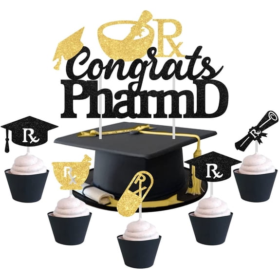 25Pcs PharmD Graduation Cake Topper, Black & Gold - Congrats Graduate ...
