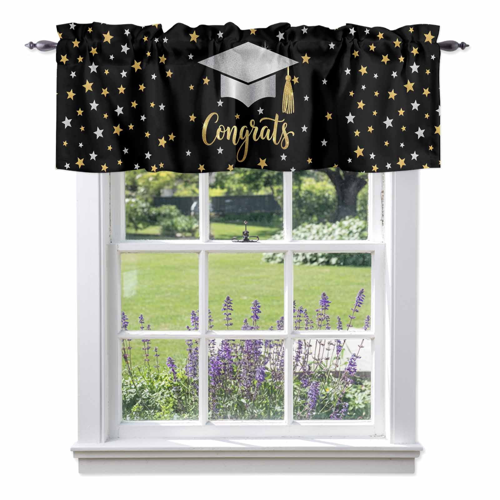 Congratulate Graduate Season Valance Curtain for Windows Graduation Hat ...