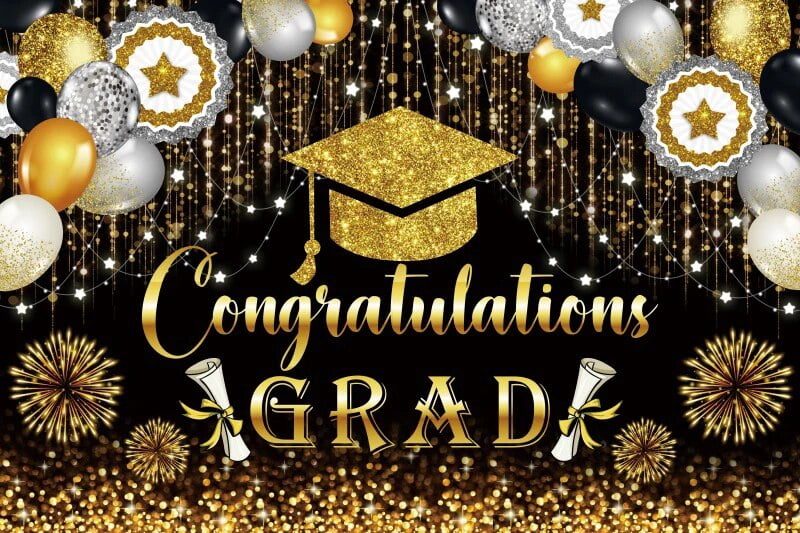 Congratulations Grad Photo Backdrop Gold and Black Balloons Bachelor ...