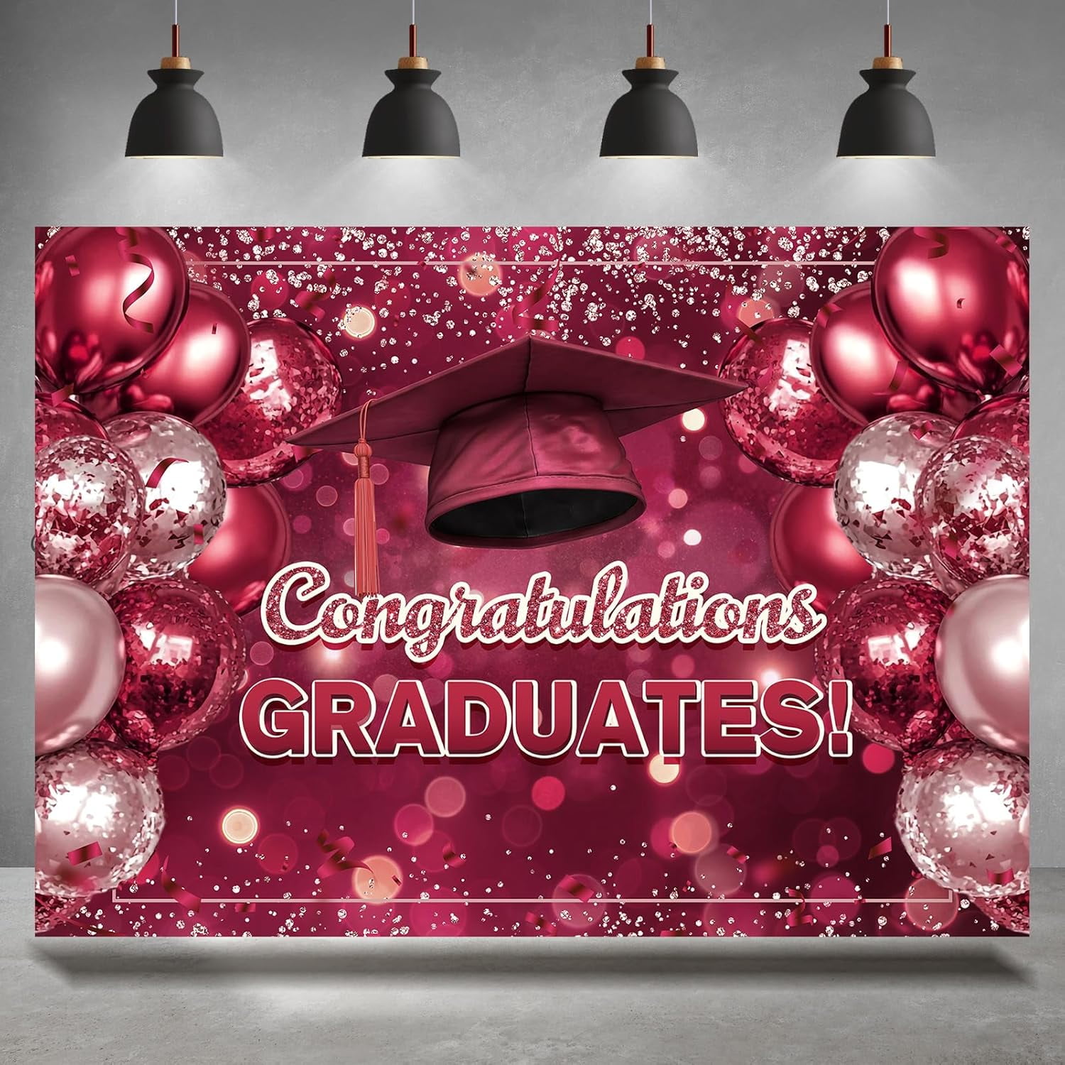 Congratulations Graduates Backdrop Maroon Bokeh Balloon Class of 2025 ...