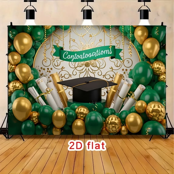 Congratulations Graduation Backdrop Green Gold Balloons Class of 2026 ...