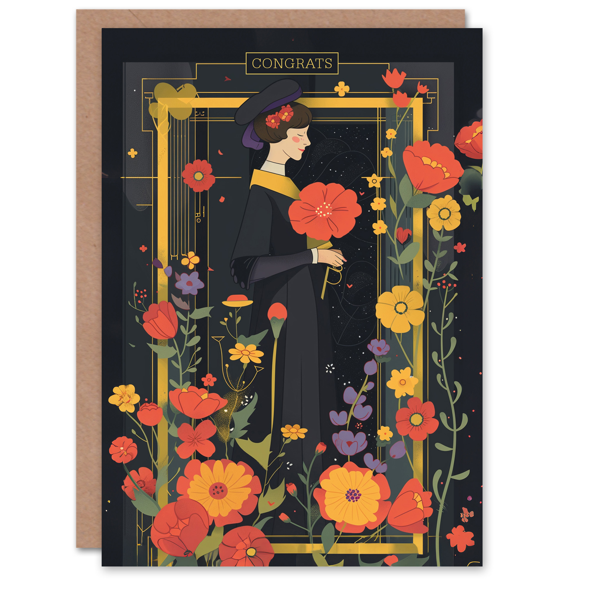Congratulations Greeting Card Woman Graduation Day Floral Art Deco For ...