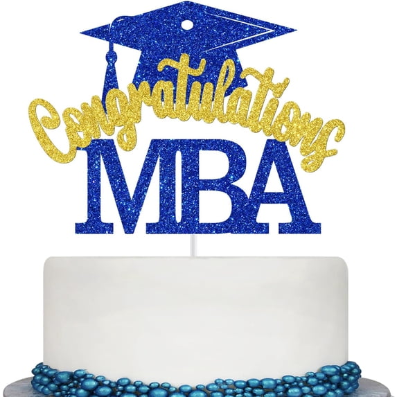 Congratulations MBA Cake Topper, Blue Gold Glitter Grad Cap Cake Pick ...
