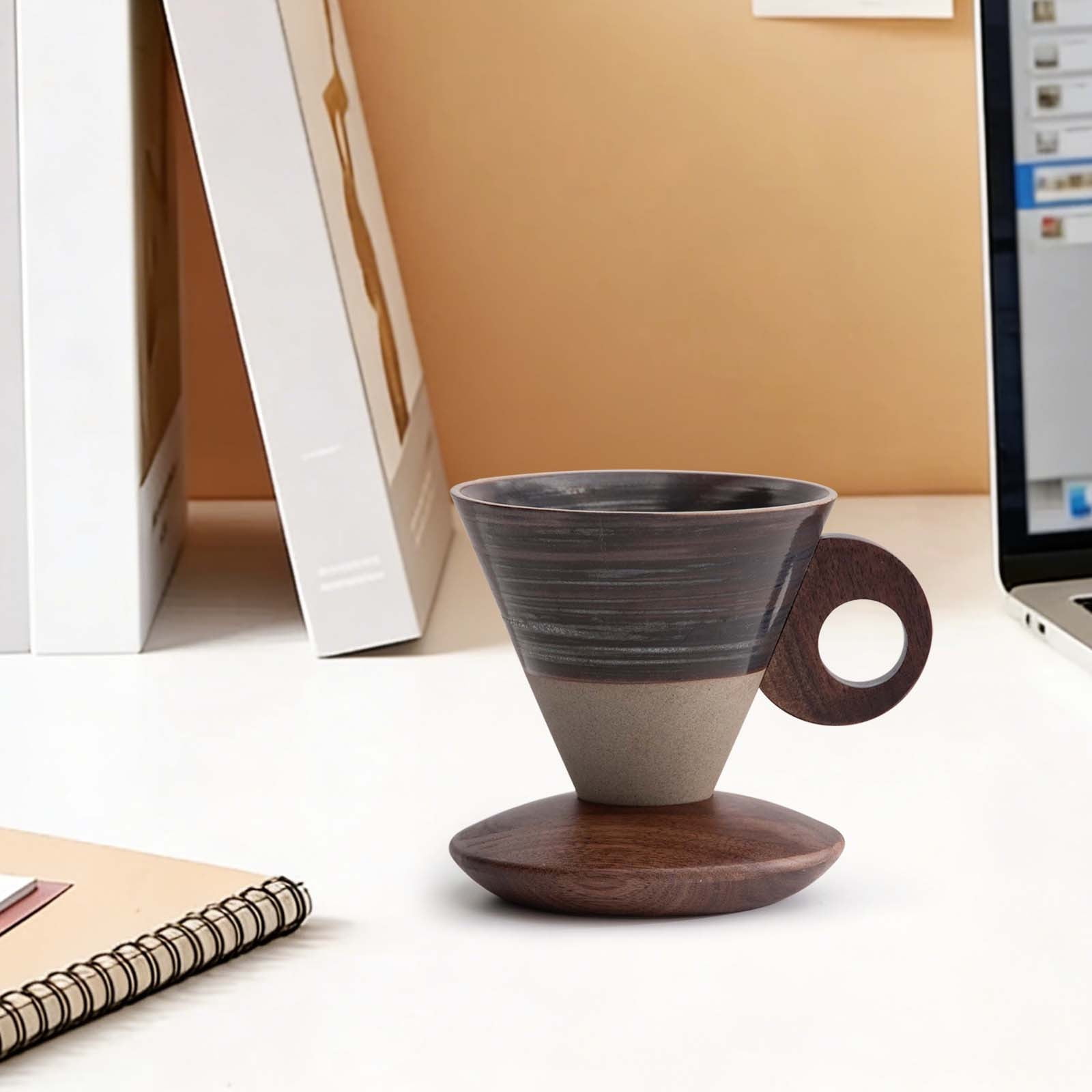Conical Coffee Cup | Vintage Ceramic Mug with Wooden Handle & Saucer ...