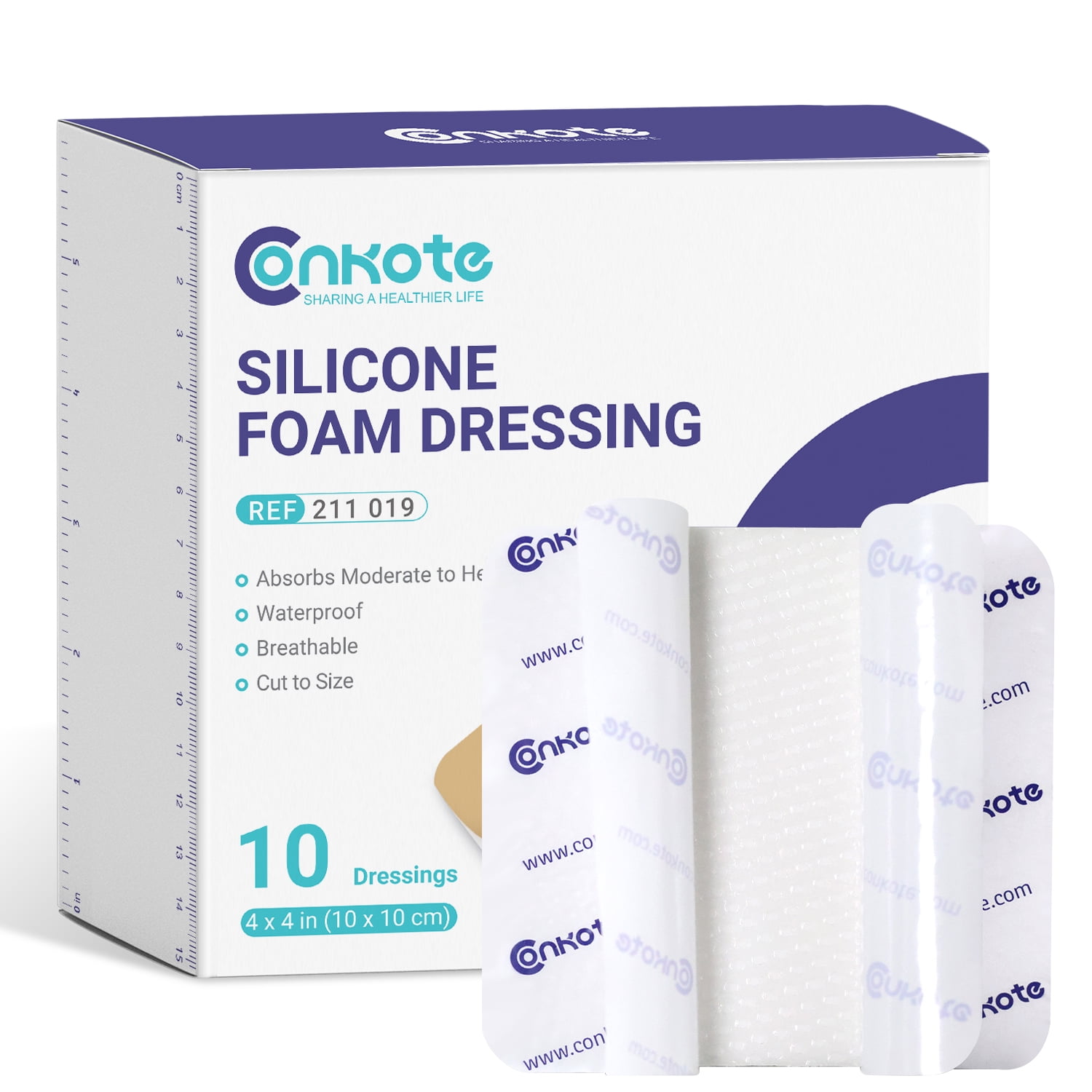 Conkote Silicone Foam Dressing Without Border 10 Pack, 4"x4" Highly ...