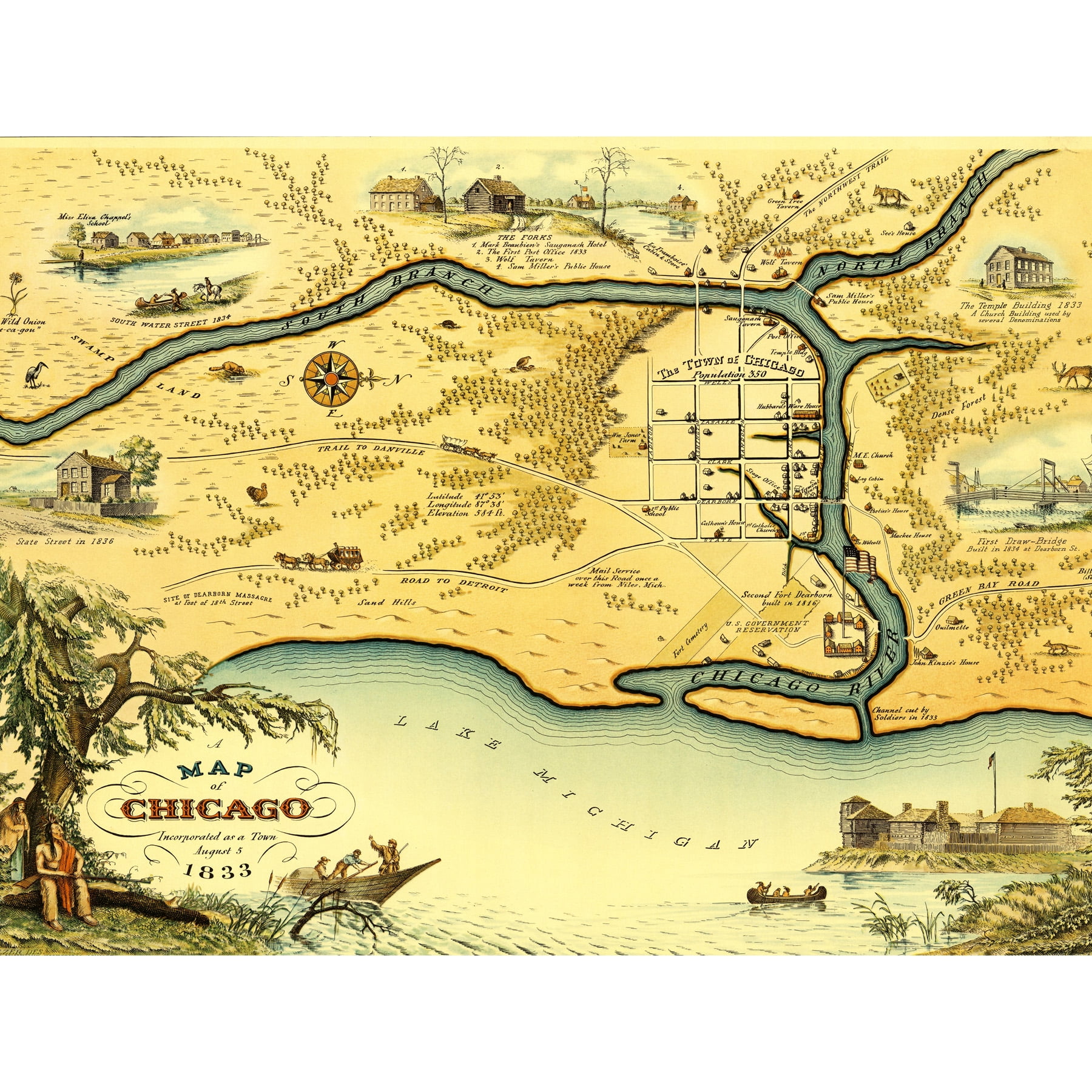 Conley 1833 Map Chicago Illionis Pictorial Chart Extra Large Art Print ...
