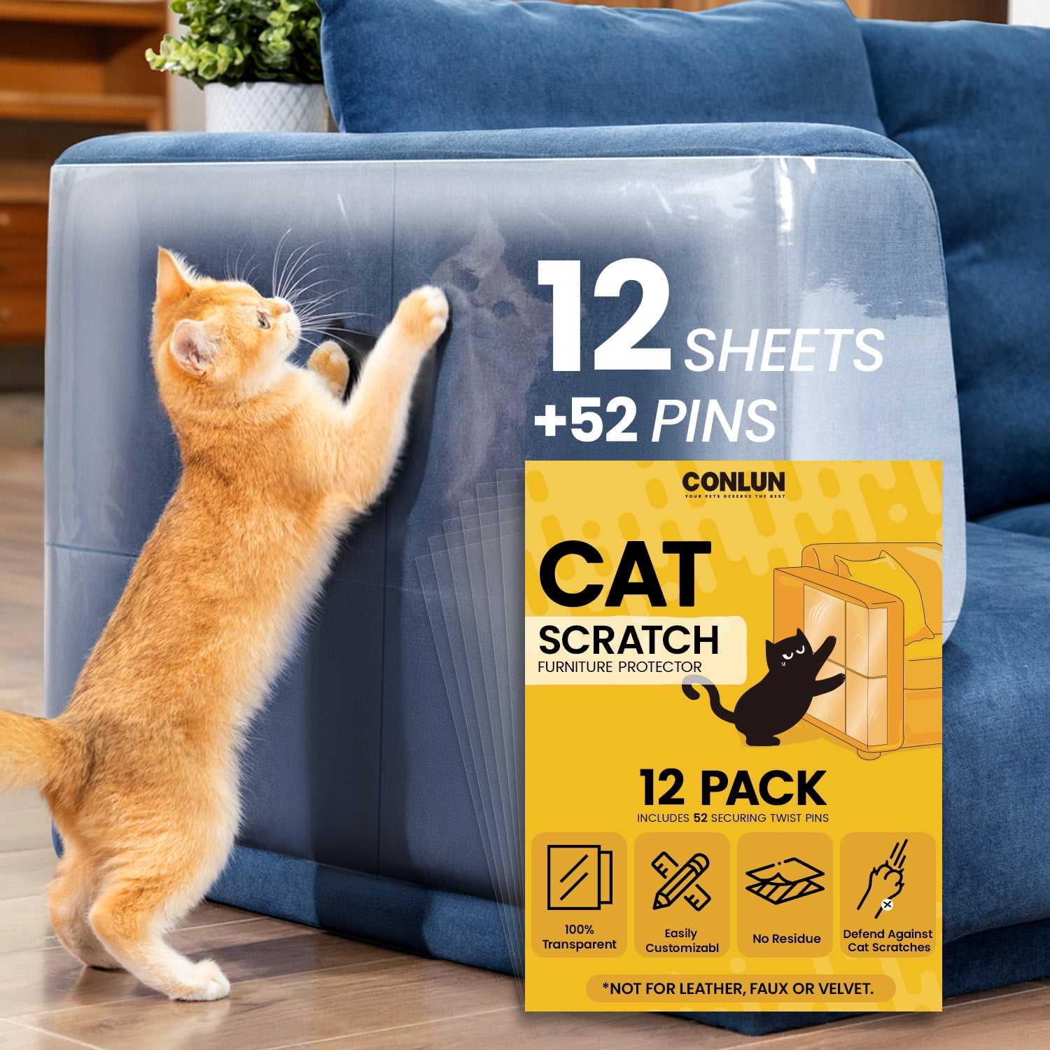 Conlun Cat Scratch Furniture Protector-12pack Single Side Couch ...