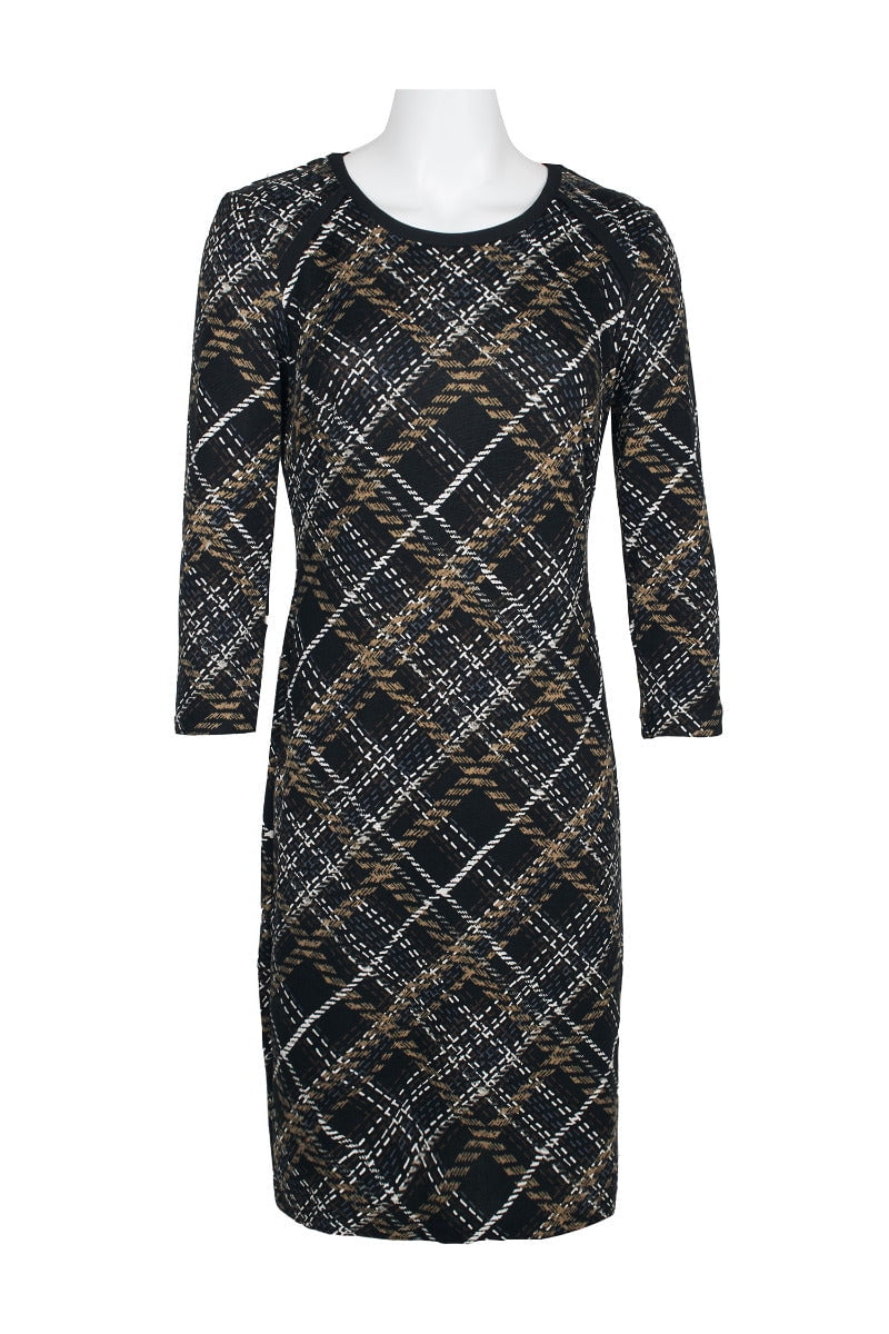 Connected Apparel Crew Neck 3/4 Sleeve Puff Print Knit Dress-TAUPE / 6 ...