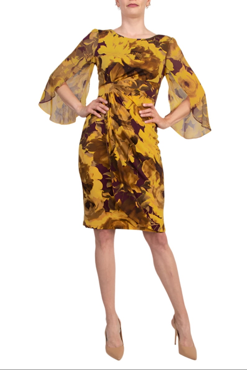 Connected Apparel Earthy Floral Boat Neckline Organza Cuffs Faux Wrap ...