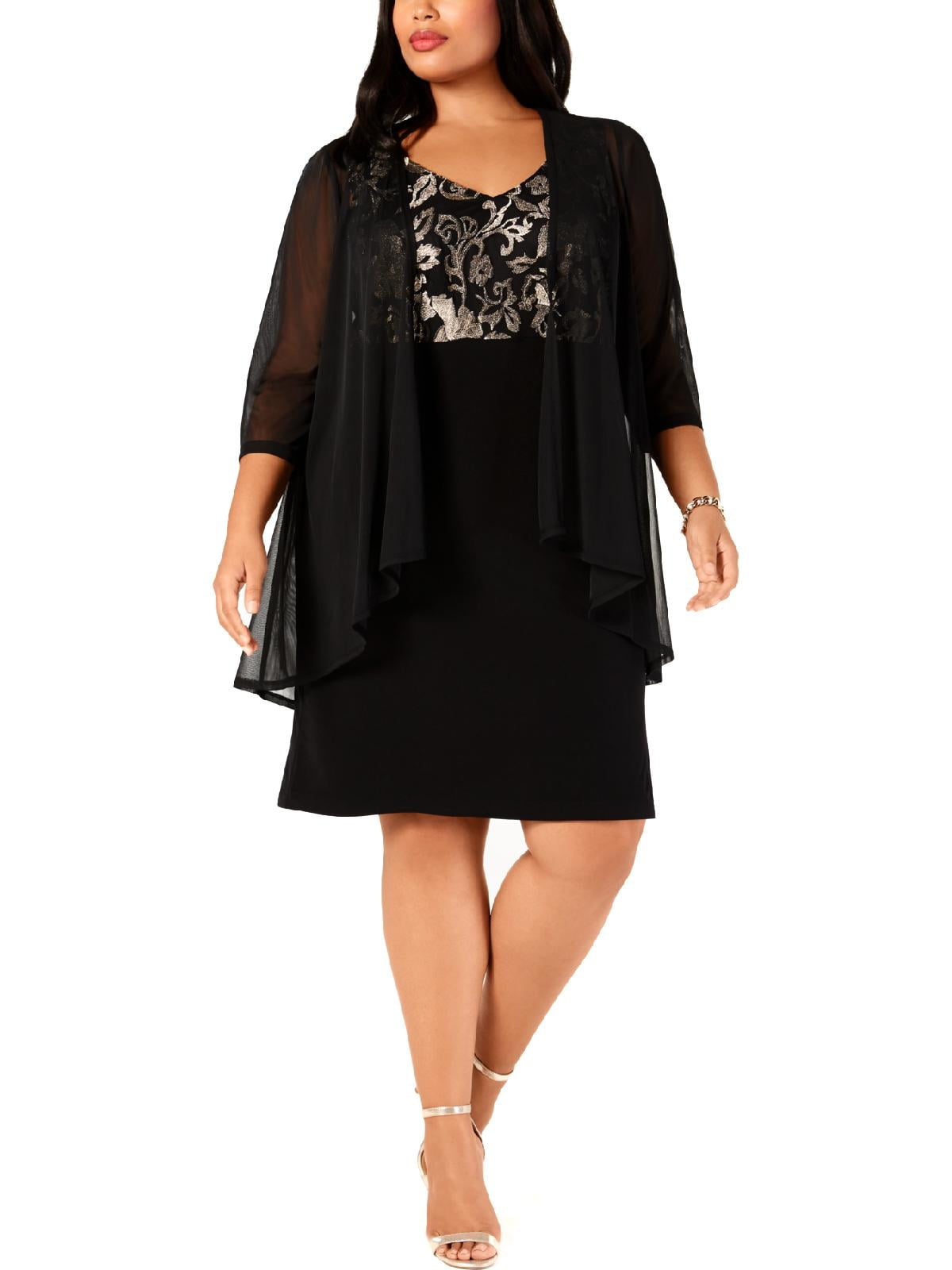 Connected Apparel Womens Plus Metallic Sheer Cocktail Dress