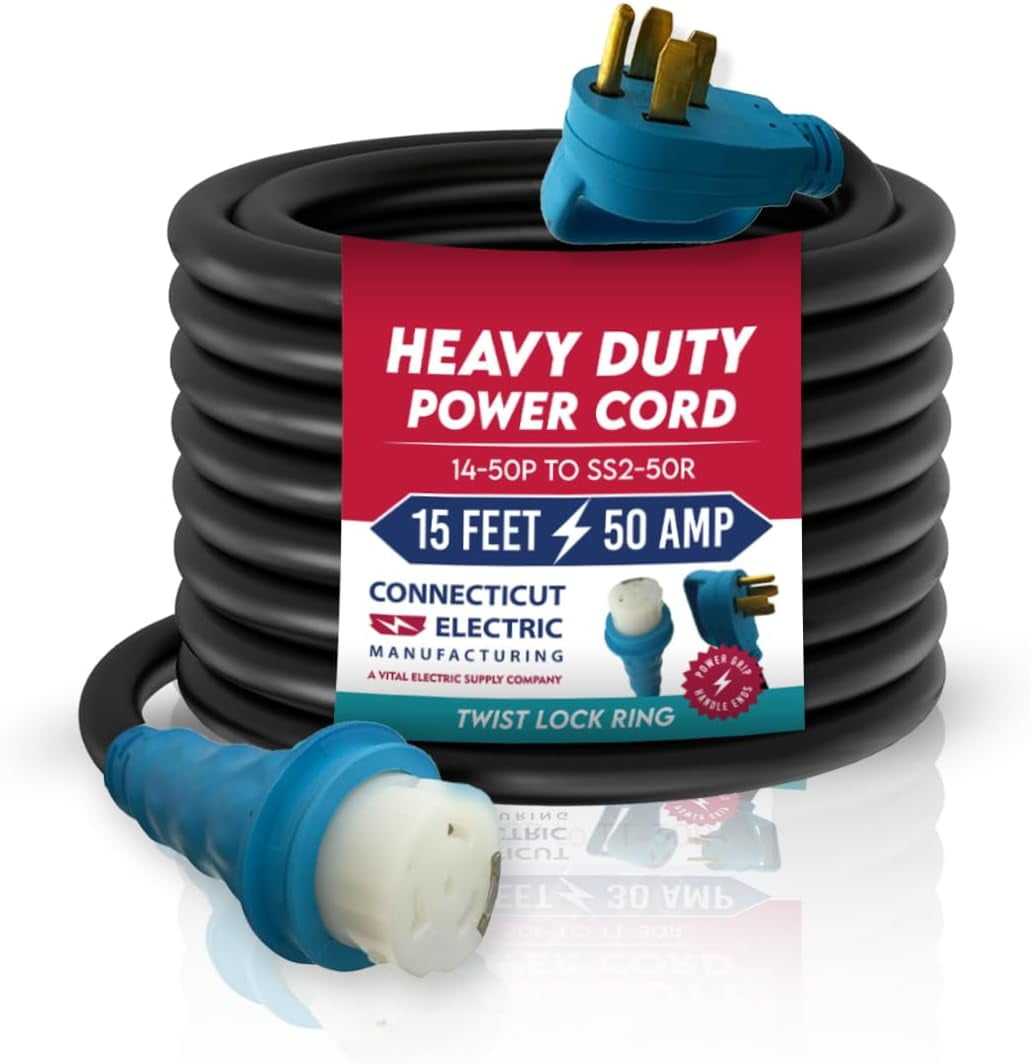 Connecticut Electric 15-Foot 50-Amp RV/EV Power Cord w/ Straight Twist ...