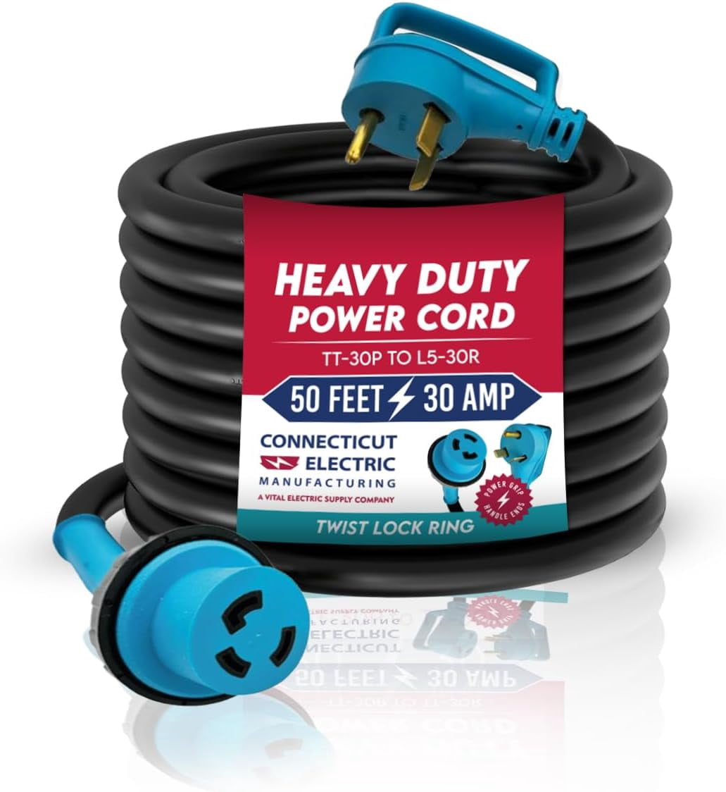 Connecticut Electric 50-Foot 30-Amp RV/EV Power Cord w/ Straight Twist ...