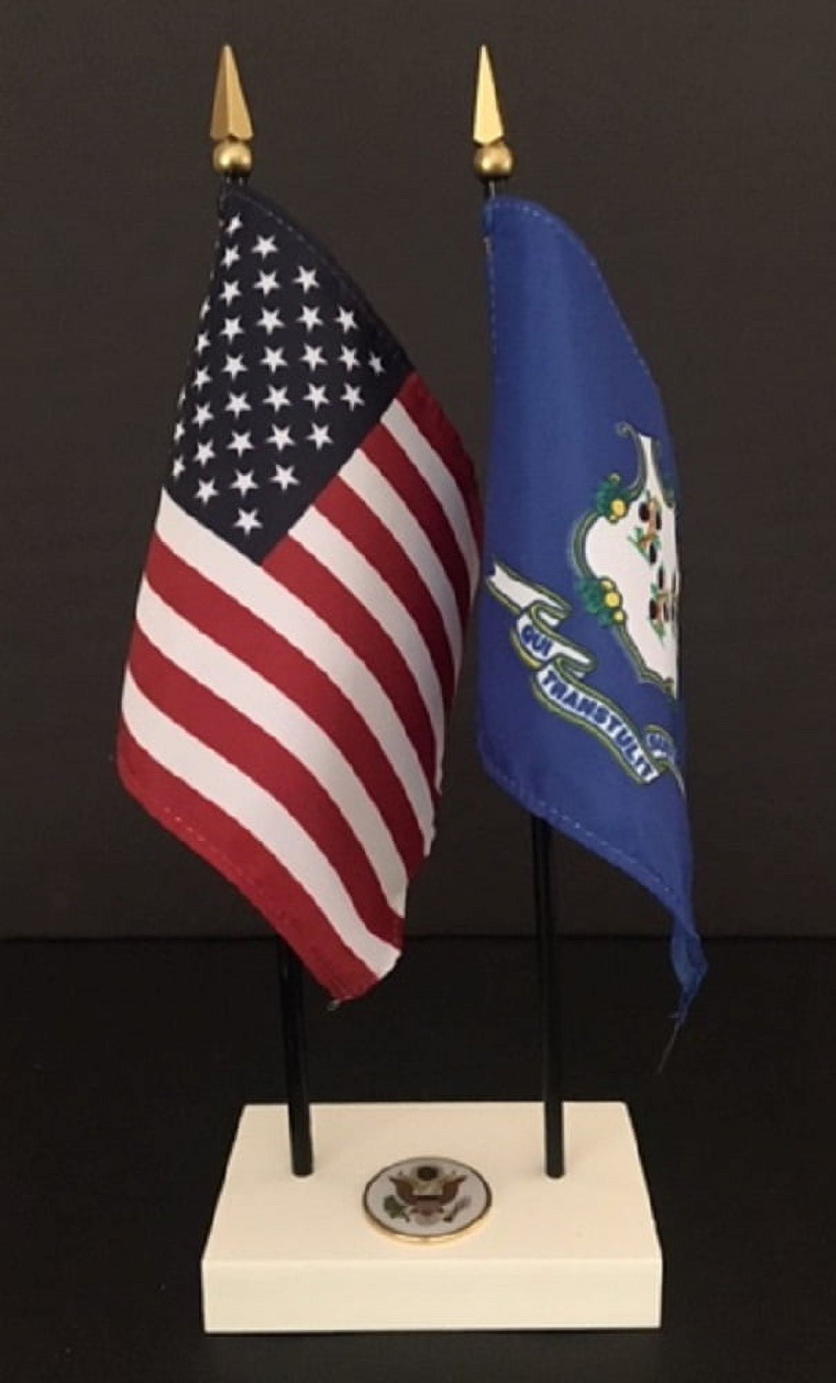Connecticut Executive Desk Set; Two 4x6 Inch Flags, White Base with US ...