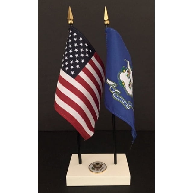 Connecticut Executive Desk Set; Two 4x6 Inch Flags, White Base with US ...