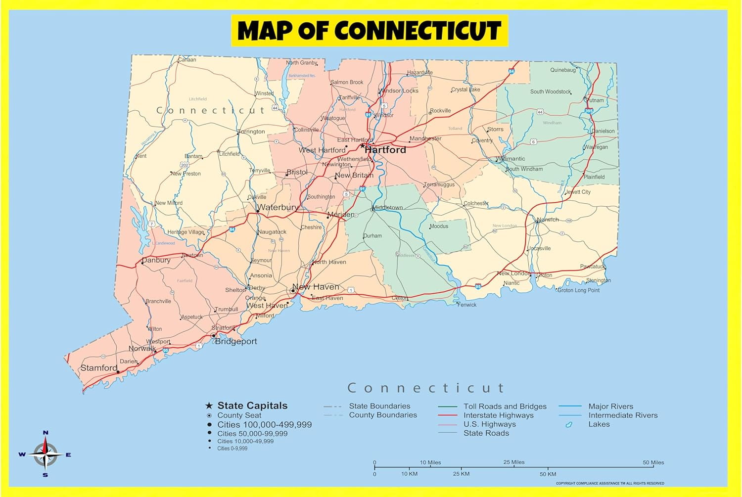 Connecticut Map Poster - Laminated Wall Map - Style A - 36x60 - Ideal ...