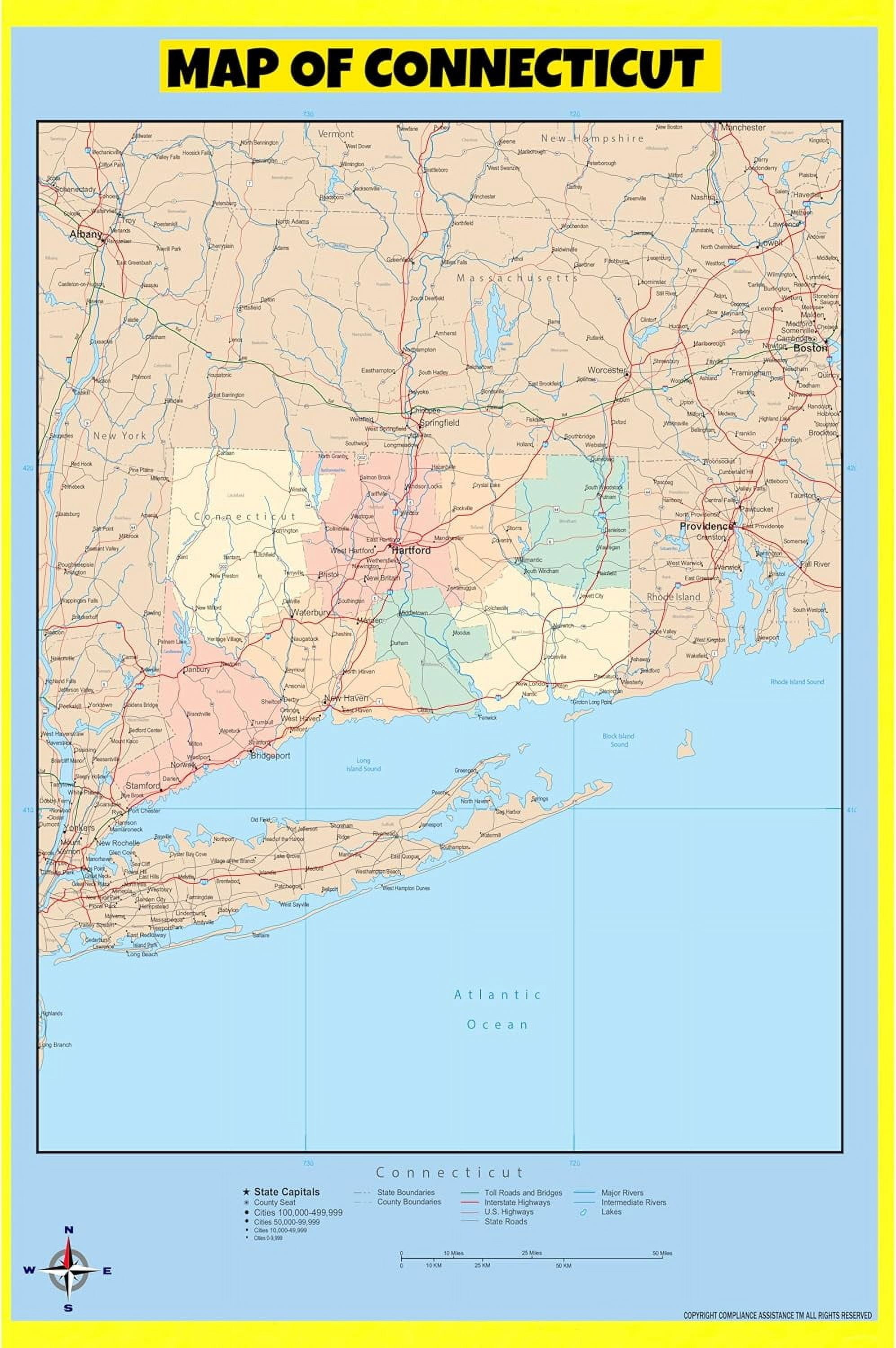 Connecticut Map Poster - Laminated Wall Map - Style B - 36x60 - Ideal ...
