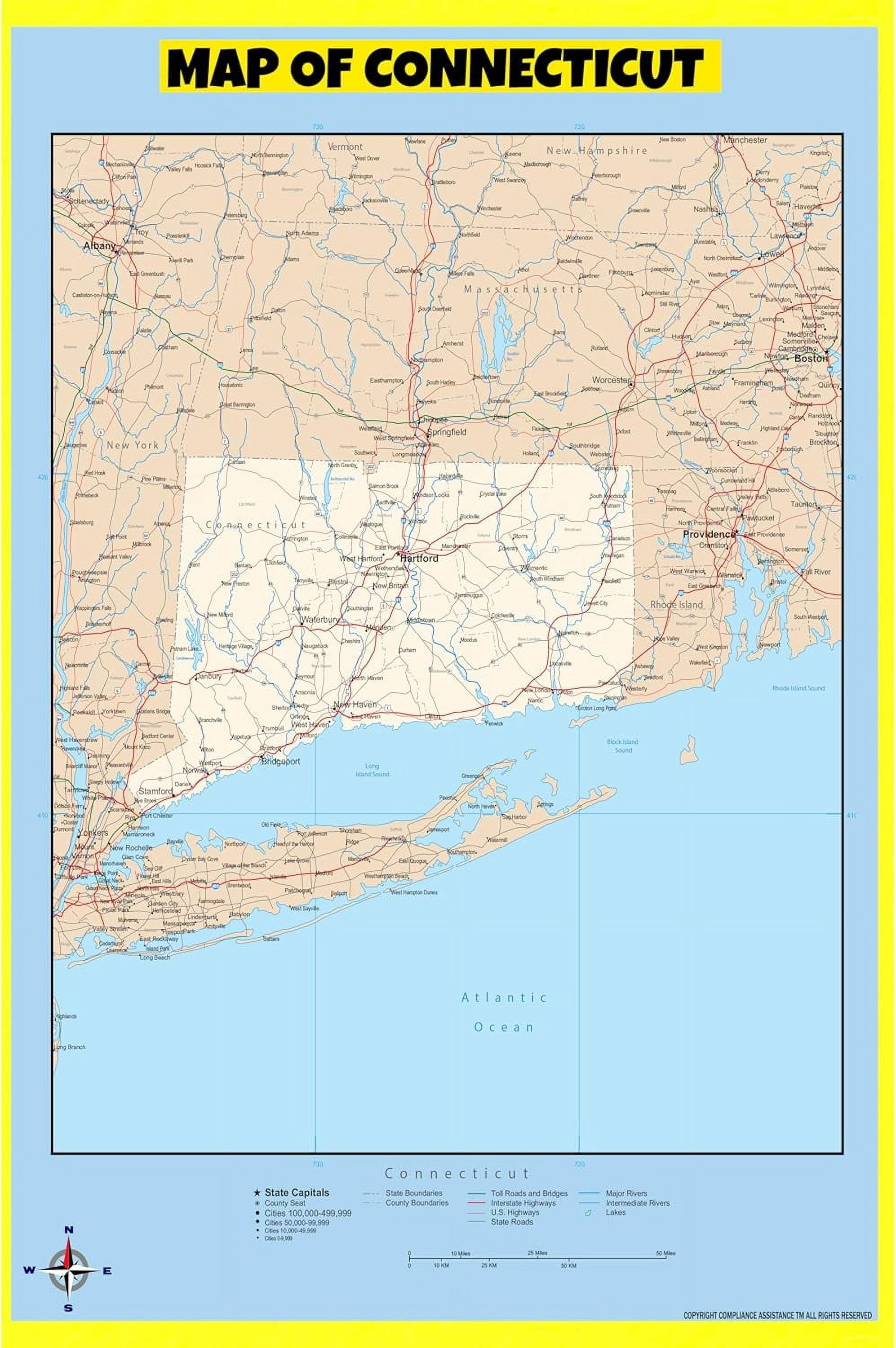 Connecticut Map Poster - Laminated Wall Map - Style C - 36x60 - Ideal ...