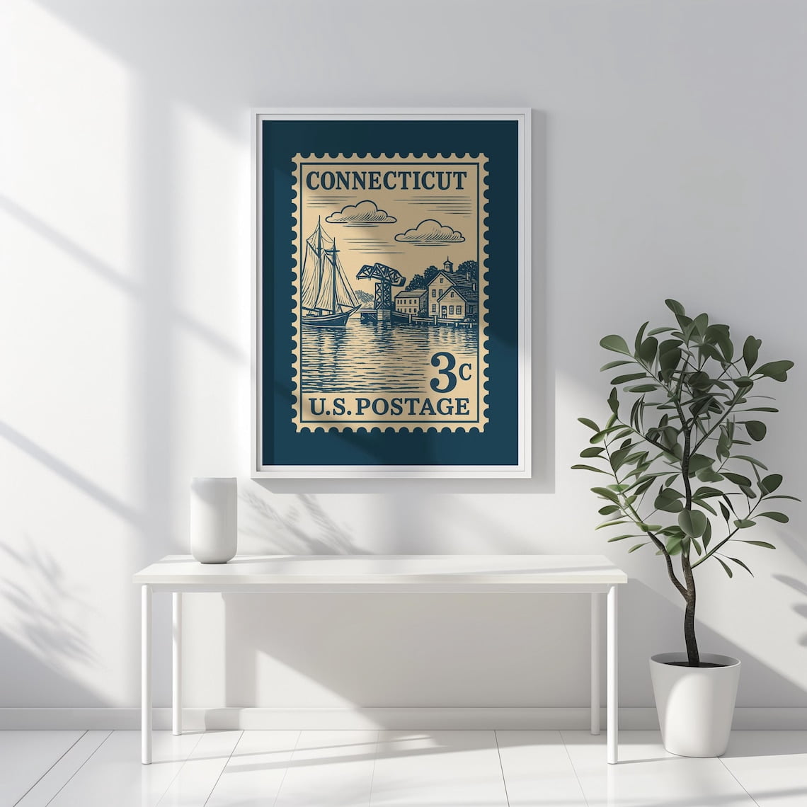 Connecticut Postage Stamp Wall Art Vintage Style Coastal Sailboat ...