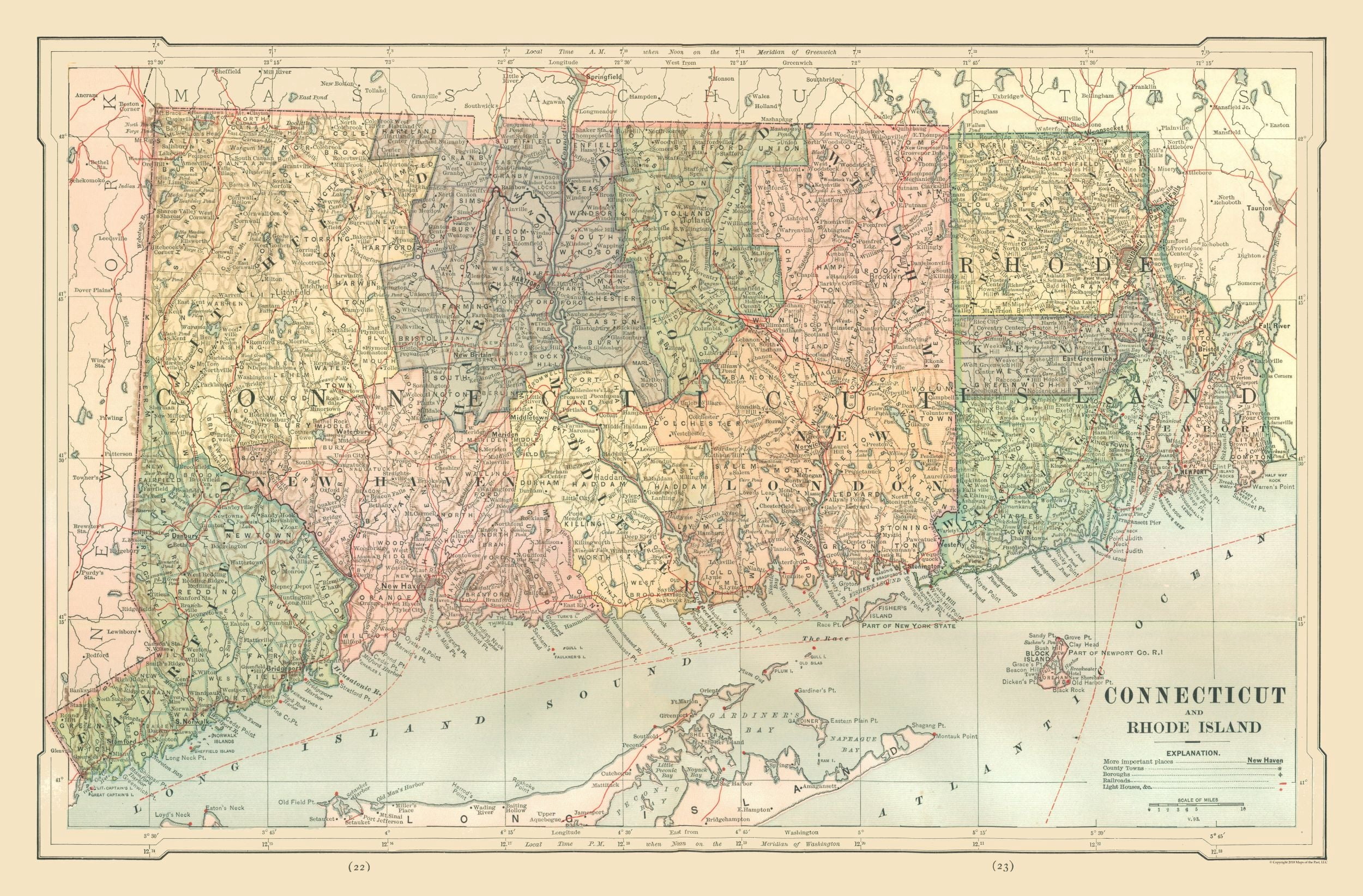 Historic State Map - Connecticut Rhode Island - Monteith 1882 - 34.98 x ...