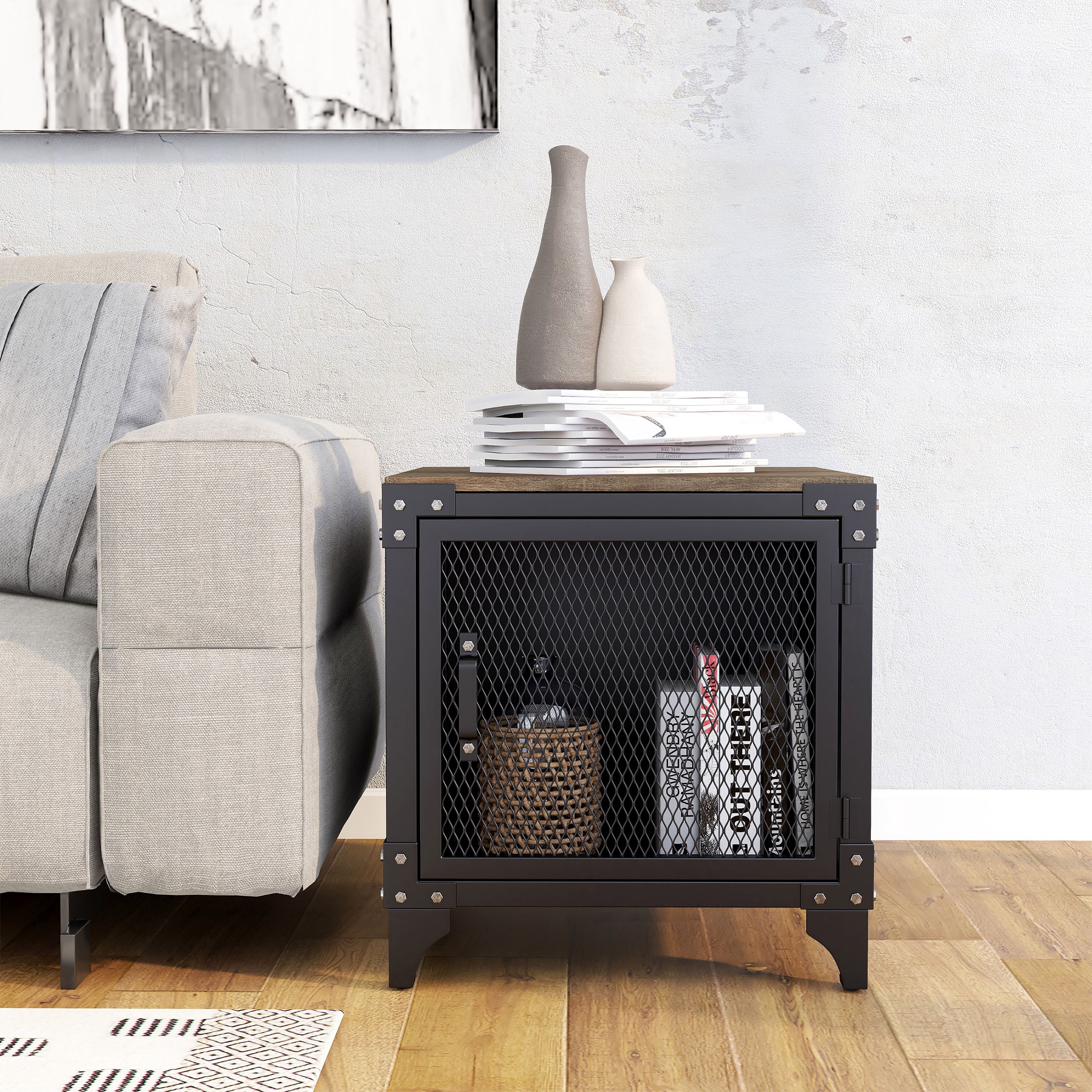 Conner 1-Door Metal End Table, Dark Walnut and Sand Black - Walmart.com